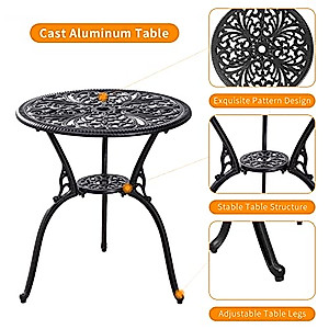 Withniture Patio Bistro Sets 3 Piece Outdoor,Cast Aluminum Bistro Table and Chairs Set of 2 with 1.97" Umbrella Hole,All Weather Outdoor Bistro Table Set for Front Porch Set,Garden(Black)