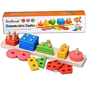 BettRoom Wooden Educational Preschool Toddler Toys for 3 4-5 Year Old Boys Girls Shape Color Recognition Geometric Board Blocks Stack Sort Kids Children Non-Toxic Toy(14IN)