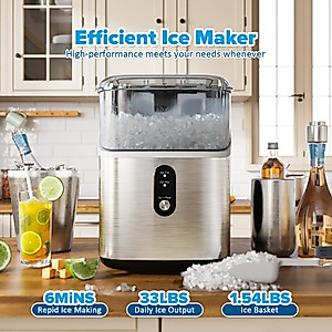 Kikihuose Nugget Countertop Ice Maker with Soft Chewable Pellet Ice, Portable Pebble Ice Machine 33lbs/24H, Self-Cleaning, Sonic Ice, One-Click Operation, for Kitchen, Office- Stainless Steel Silver