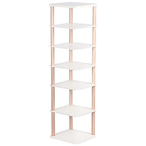 LUCKNOCK 7 Tiers Vertical Shoe Rack, Narrow Shoe Organizer, Stylish Wooden Shoe Storage Stand, Space Saving Shoe Shelf, Shoe Tower, Free Standing Shoe Racks for Entryway, No-Tool Assembly, White.