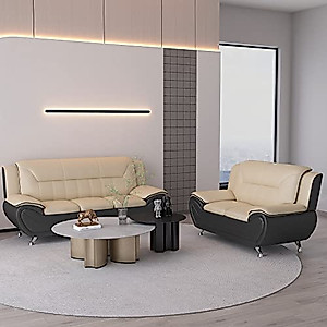 Container Furniture Direct Michael Modern Faux Leather Upholstered Stainless Steel Legs Living Room Loveseat, Camel/Black