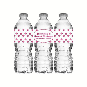 Personalized Water Bottle Labels, Birthday Party Favors, Pink Star Design, Pack of 25 Peel and Stick Waterproof Wrappers