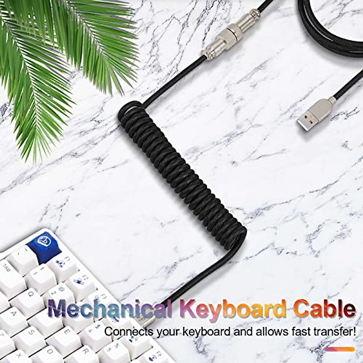 Twozoh USB C Keyboard Coiled Cable, Braided Detachable Aviator Double Sleeve Type C Mechanical Keyboard Cable (White)