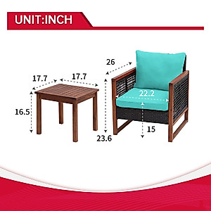 FDW 3-Piece Patio Bistro Set Acacia Wood Outdoor Chat Conversation Table Chair Set Outdoor Wood Chat Set with Water Resistant Cushions and Coffee Table for Beach Backyard Garden,Blue Cushion