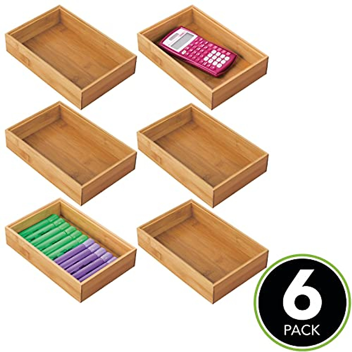 mDesign Wooden Bamboo Drawer Organizer for Office - 9" Long Stackable Storage Box Tray for Desk Drawers/Cabinet - Junk Drawer and Accessories Organization - Echo Collection - 6 Pack - Natural Wood