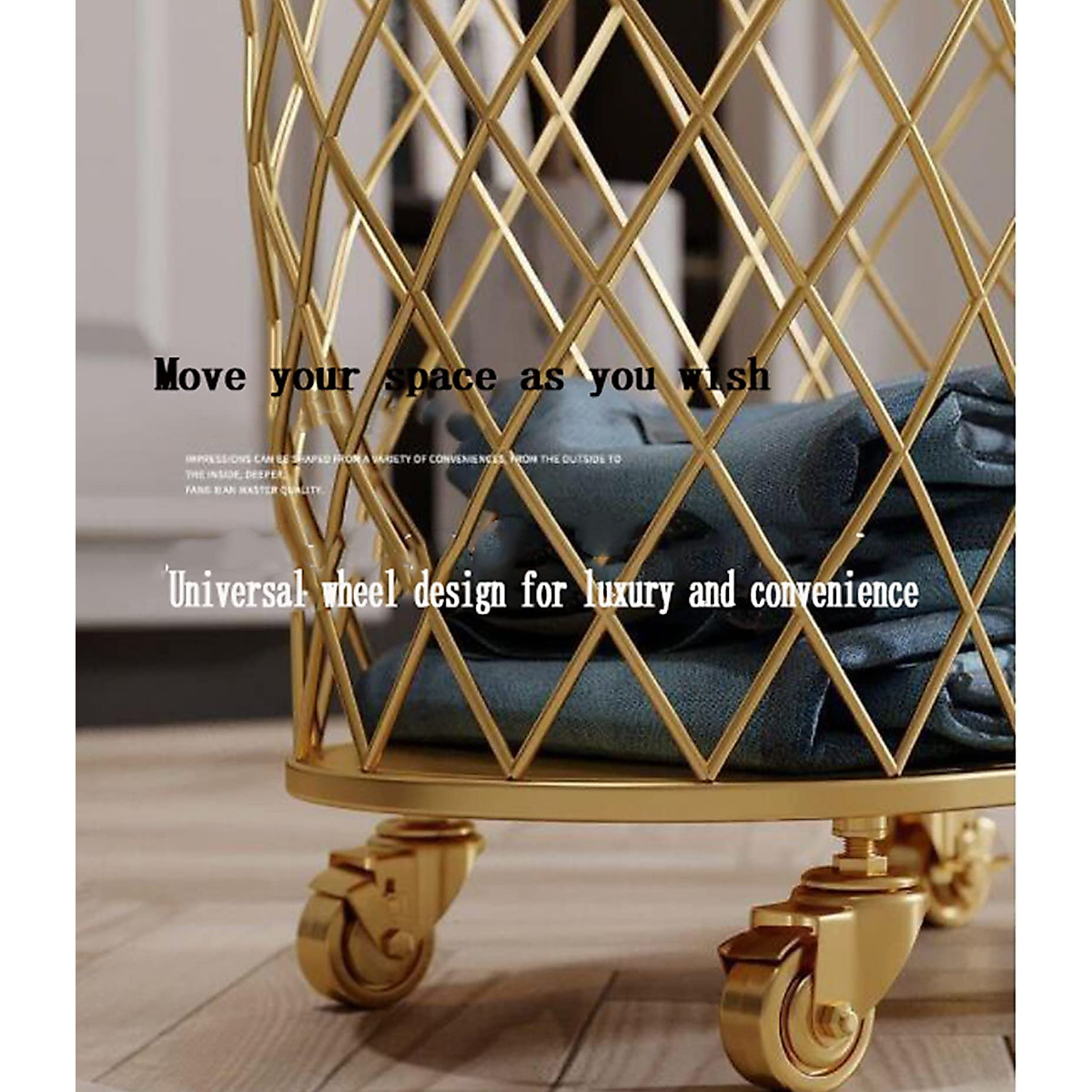 QQXX 360 Laundry Hamper with Wheels,Round Mesh Metal Rolling -Iron Scandinavian ins Bathroom Dirty Clothes Basket Toy Storage Frame, Gold, (1671979), 55x45x38.5cm(21.65x17.7x15.15inch)