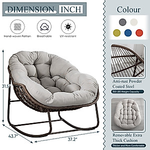 Outdoor Rocking Chair, Patio Oversized Wicker Egg Rocking Chair, Indoor & Outdoor Comfy Rocker Chair with Thick Cushion, Modern Lounge Chair for Balcony, Front Porch, Garden, Backyard, Deck, Beige