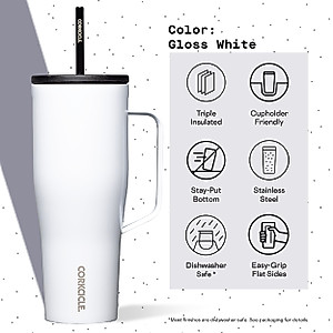 Corkcicle 30oz Tumbler With Handle, Gloss White, Reusable Water Bottle, Triple Insulated Stainless Steel Travel Mug, BPA Free, Keeps Beverages Cold 12 Hours, Tumbler with Lid and Straw, Cold Cup XL