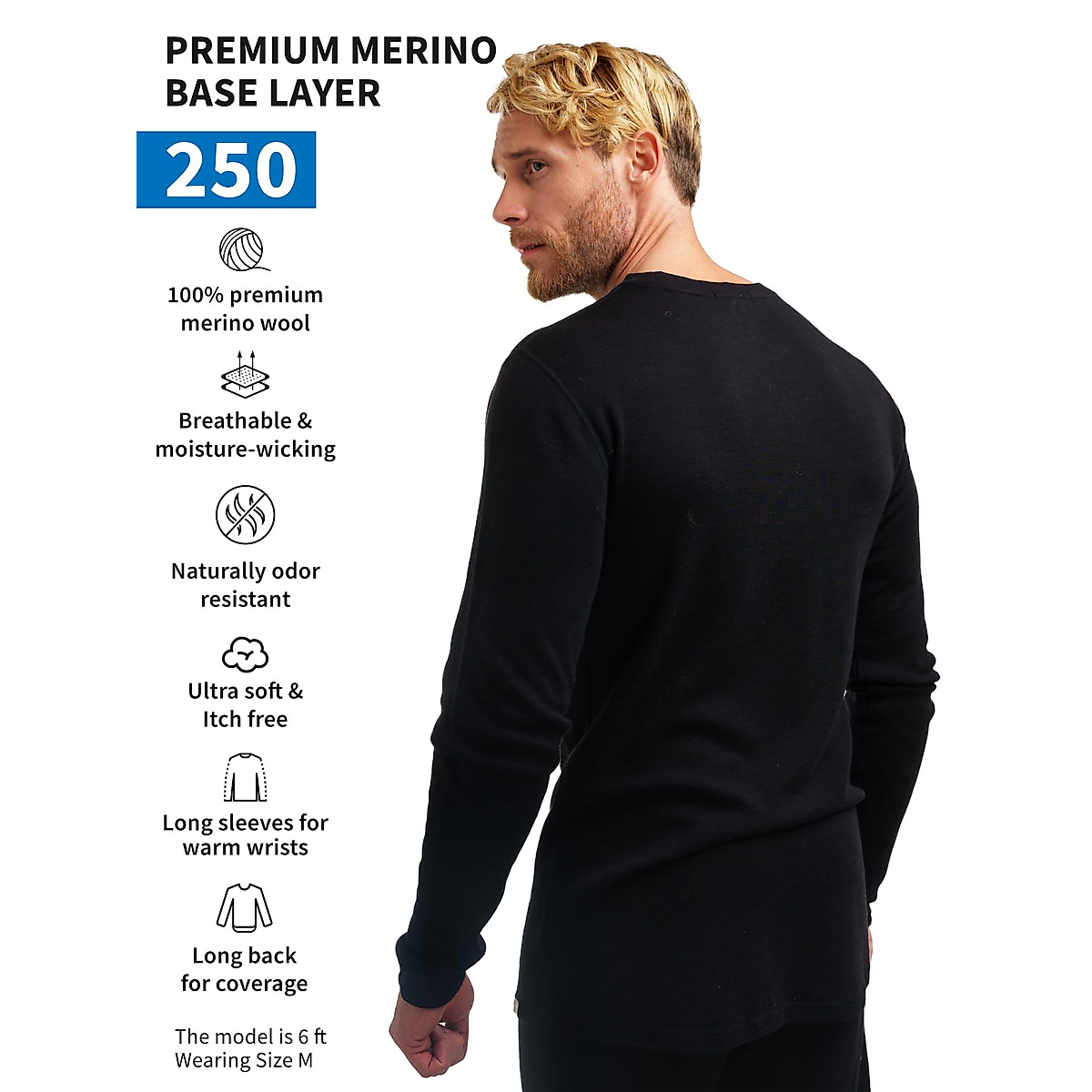 Merino.tech Merino Wool Base Layer - Mens 100% Merino Wool Long Sleeve Thermal Shirts Lite, Midweight, Heavyweight + Socks (Large, Black 250)