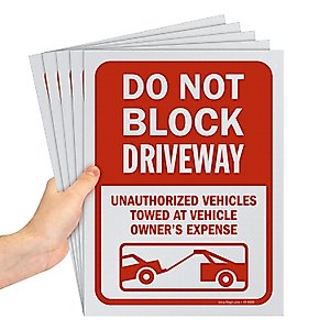 SmartSign (Pack of 5) 12 x 9 inch “Do Not Block Driveway - Unauthorized Vehicles Towed” Sign, Screen Printed, 10 mil Polystyrene Plastic, Red and White, Made in USA