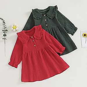 Mialoley Baby Girl Doll Collar Dress Long Sleeve Toddler Solid Color Ruffle A Line Spring Fall Casual Infant Sundress Button (Green, 18-24 Months)