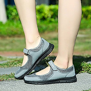 Fululuer Women's Breathable Mary Jane Shoes Buckle Casual Walking Slip On Sneakers Air Cushion Nurse Shoes Comfortable Mesh Velcro Walking Shoes Outdoors Lightweight Breathable Slip On Sneakers