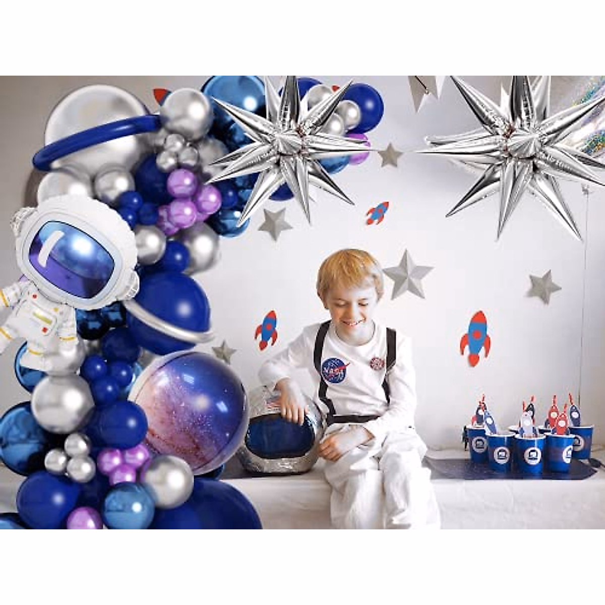 Amandir139pcs Space Balloon Garland Arch Kit - Outer Space Birthday Decorations with Blue Purple Silver Galaxy Astronaut Foil Balloons for Boys Kids Space Themed Birthday Party Decoration Supplies