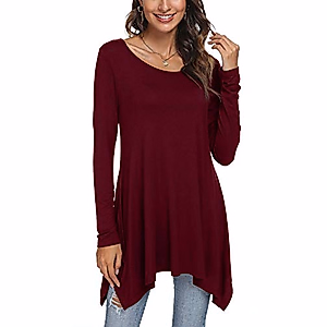 POPYOUNG Womens Fall Long Sleeve Asymmetrical Hem Loose Tunic Tops Flowy Casual Blouses Shirt L, Wine Red
