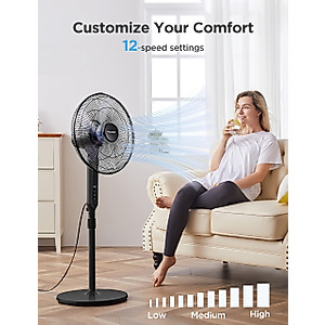 PELONIS 16" Oscillating Pedestal Stand Up Fan | Adjustable Height | Ultra Quiet DC Motor | Remote Control | 12 Speed | 12-Hour Timer | High Energy Efficiency | for Bedroom Home Office Use | Black