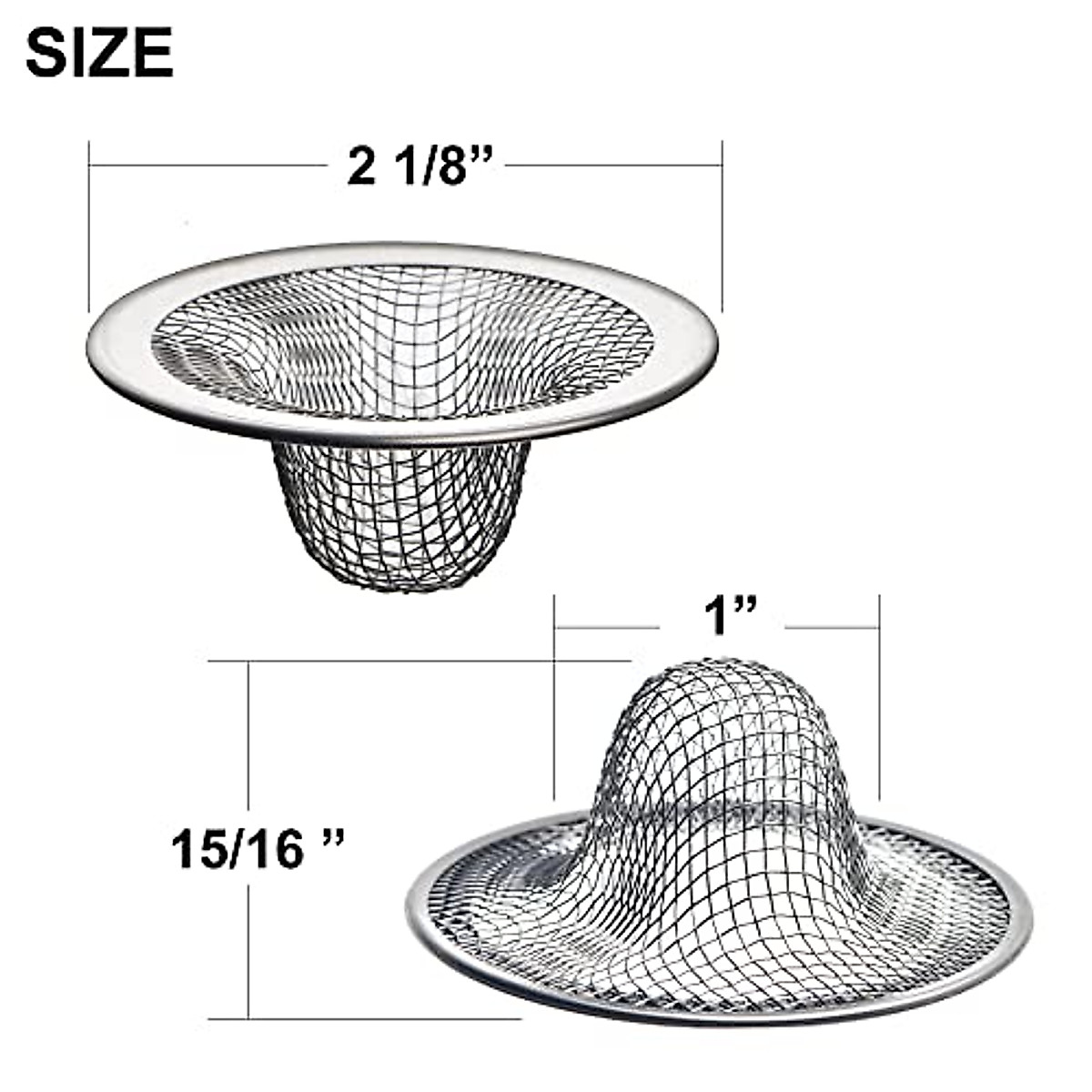 6 Pack - 2.125" Top / 1" Basket- Mesh Sink Drain Strainer Hair Catcher for Bathroom Sink, Utility, Slop, Laundry, RV and Lavatory