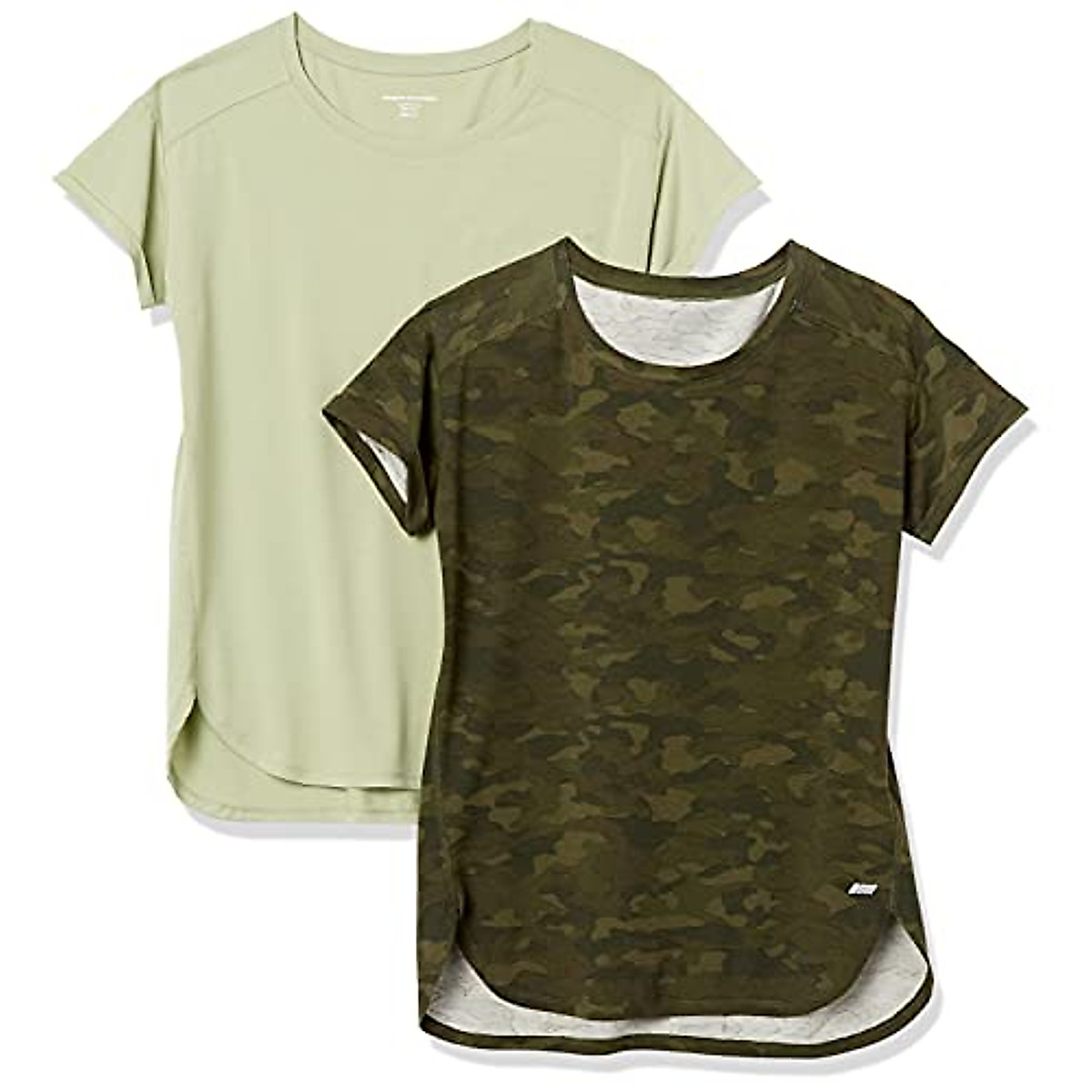 Amazon Essentials Women's Studio Relaxed-Fit Lightweight Crewneck T-Shirt (Available in Plus Size), Pack of 2, Light Green/Camo, Medium