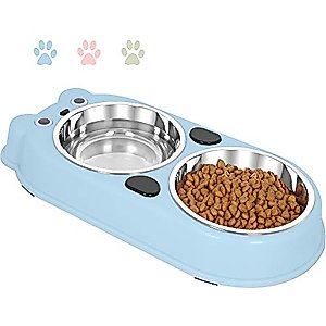 UPSKY Double Dog Cat Bowls Double Premium Stainless Steel Pet Bowls with Cute Modeling Pet Food Water Feeder (Blue)