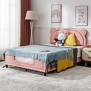 CECER Twin Bed Frames for Kids, Pink Children Platform Bed, Kid Bed Frame with Bear Shaped Headboard, Faux Leather Upholstered, Rivet Decoration, Wood Slats, No Spring Box Needed