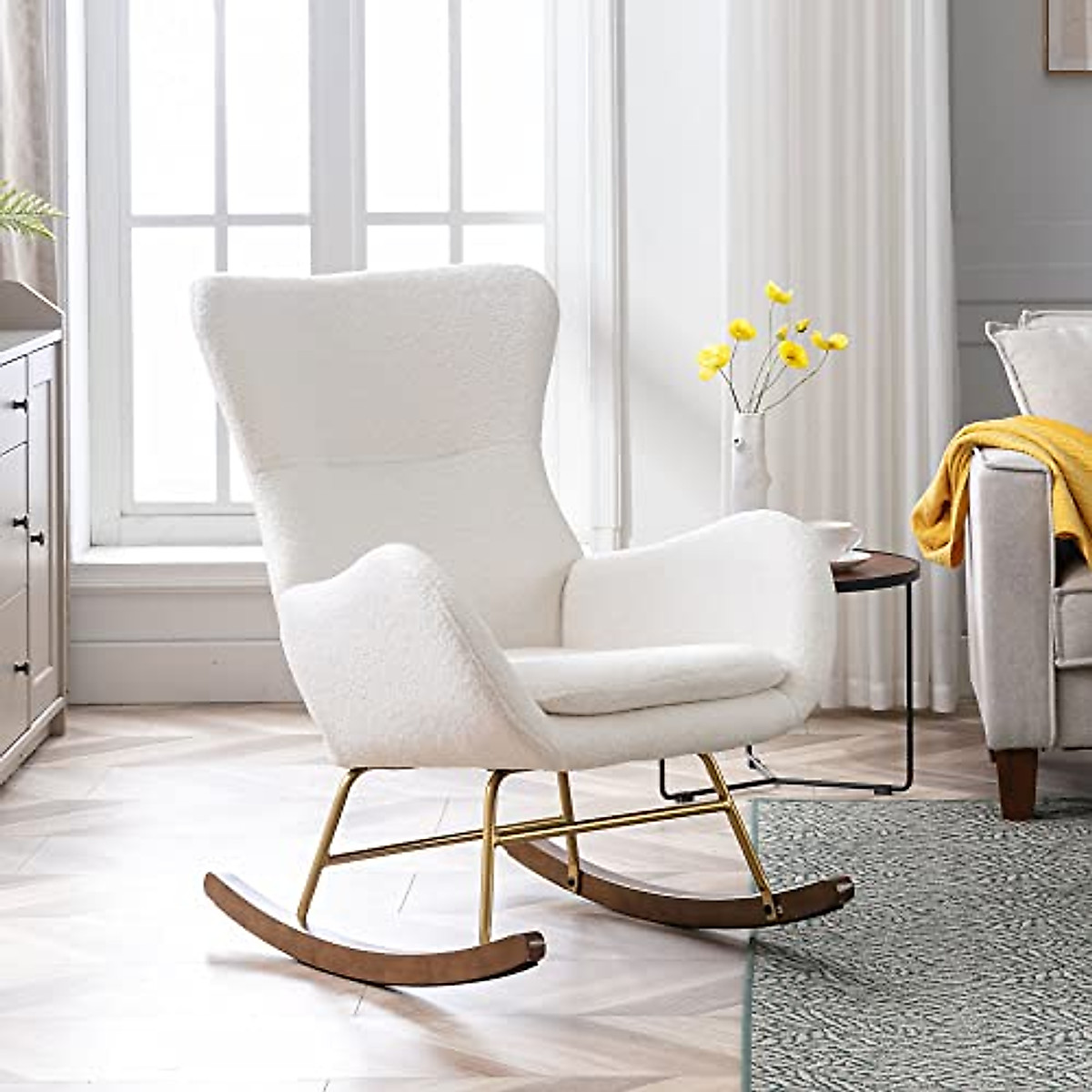 DM Furniture Sherpa Rocking Accent Chair Upholstered Nursery Glider Rocker for Baby Nursing Comfy Lounge Chair with Gold Legs for Living Room Bedroom, White