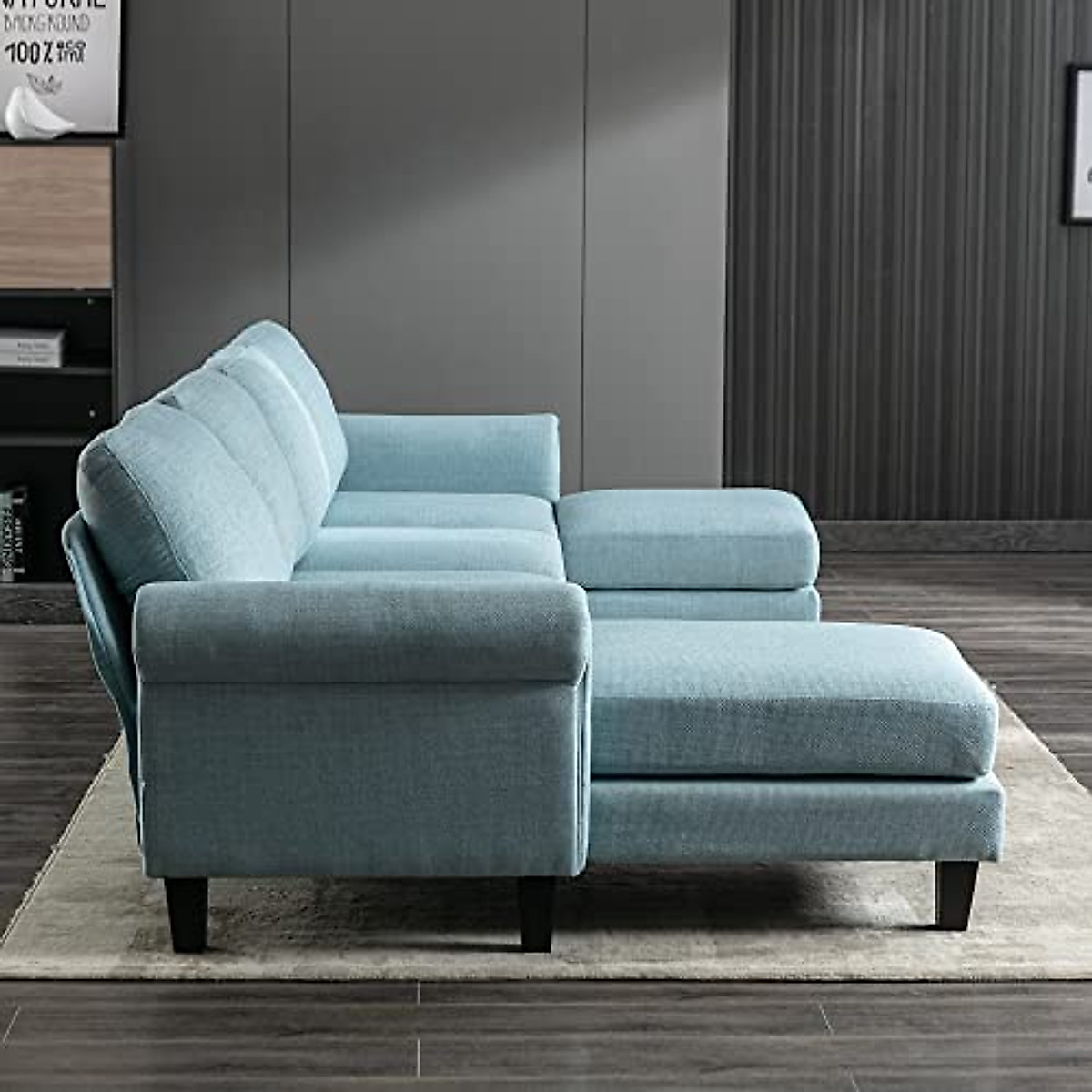 HomSof U-Shape Sectional Sofa Set for Living Room, Mid Century Modern Couch with Chaise and Ottoman, Light Blue