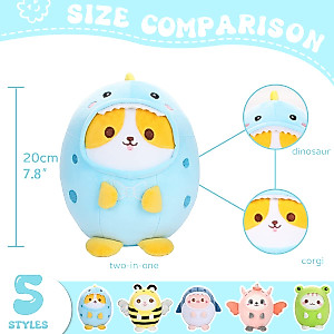 AIXINI Cute Corgi Dinosaur Plush Pillow 8" Shiba Inu Dino Stuffed Animal, Soft Kawaii Corgi Plushie with Blue Dinosaur Outfit Costume Gift for Kids