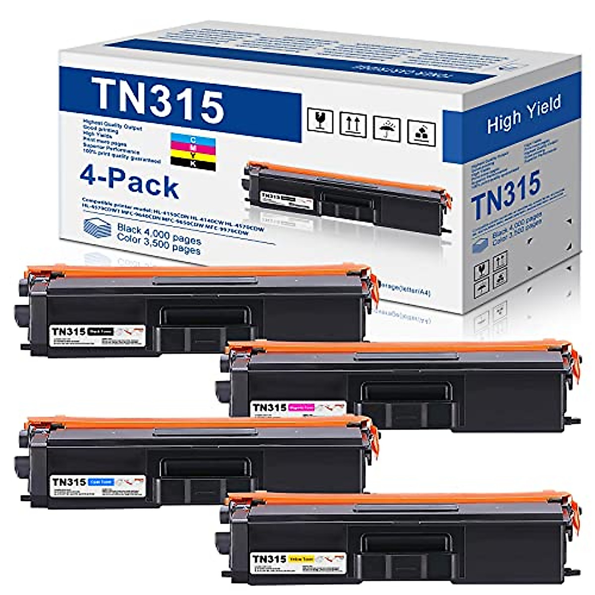 4-Pack(1BK+1C+1M+1Y) Compatible Toner Cartridge Replacement for Brother TN315 TN-315 to use with HL-4150CDN HL-4140CW HL-4570CDW HL-4570CDWT MFC-9640CDN MFC-9650CDW MFC-9970CDW Printer Toner