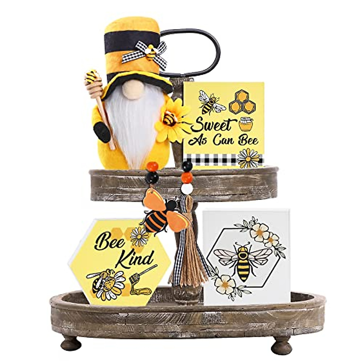 5 pcs Honey Bee Gnome Tiered Tray decor (Tray Not Included) - Bumble Bee Gnome Plush, Bee World Day Wooden Sign, Bee Wooden bead garland ,for Spring and Summer kitchen table decor