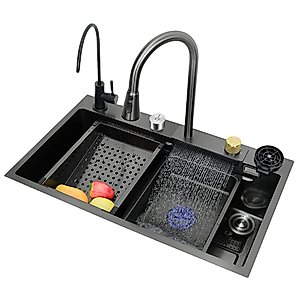 Kitchen Sink Single Bowl Sink Flying Rain Waterfall Sink Household Sink, Workstation Kitchen Sink Domestic Sink Set,Integrated Sink with Pull-Out Tap, Chopping Board,Cup Washer (80×45×21cm)