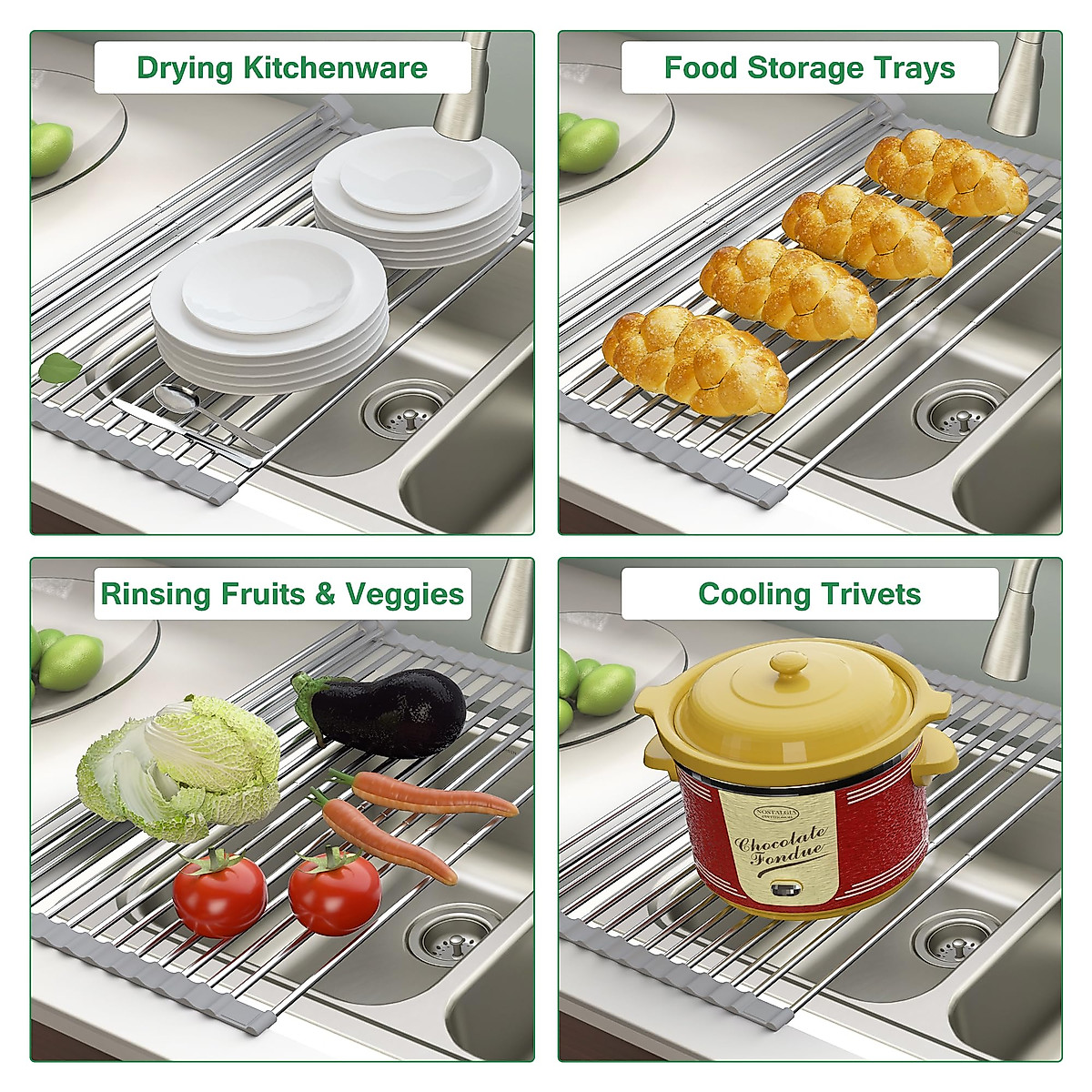 cycleacc 13"- 24" Roll Up Dish Drying Rack, Expandable Over The Sink Dish Drainer Drying Rack, Large Folding Collapsible Stainless Steel Roll Up Dish Drying Rack, Kitchen Foldable Over Sink Organizer