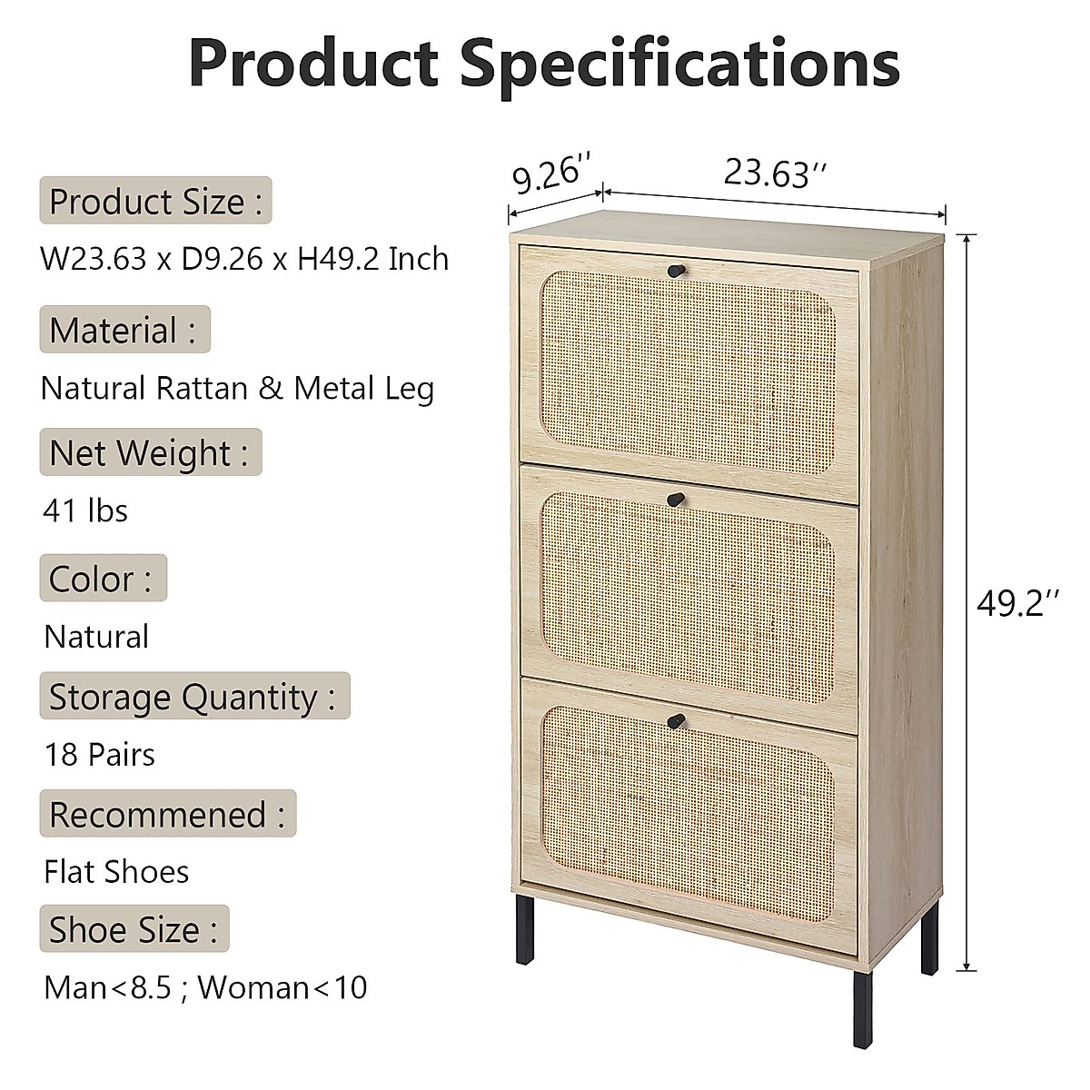 Sweiko 3 Flip Drawer Shoe Cabinet Natural Rattan Shoe Cabinet Organizer Freestanding Wooden Shoe Rack Storage Cabinet with Metal Legs for Entryway Hallway Bedroom Mudroom