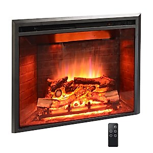 32 inch Electric Fireplace Insert, Heater, Recessed Mounted with Weathered Concrete Interior, 750/1500W, Black