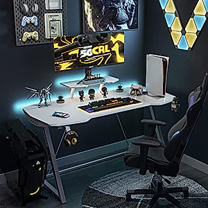 MOTPK White Gaming Desk with LED Lights, Gaming Table Desk 47 inch Z Shaped, Gamer Desk Ergonomic Sturdy, Kids Computer Desk with Monitor Stand Cup Holder and Headphone Hook, Black, Gift Idea