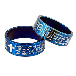 Religious Rings S22 Blue Spanish Our Father Lord's Prayer Padre Nuestro Stainless Steel Ring Jesus Christ (12)