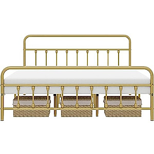 Topeakmart California King Size Victorian Style Metal Bed Frame with Headboard/Mattress Foundation/No Box Spring Needed/Under Bed Storage/Strong Slat Support Antique Gold