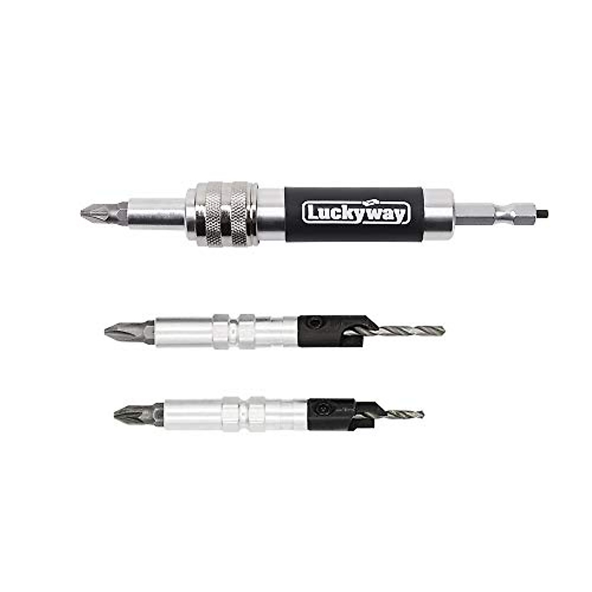 Luckyway 4-Piece Quick Change Drill and Drive Set Including 1pc 15/64 inch(#6), 1pc 5/16 inch(#8), 1pc 3/8 inch(#10) Wood Countersink Drill Bit and 1pc Quick Change Drill Flip Drive Unit