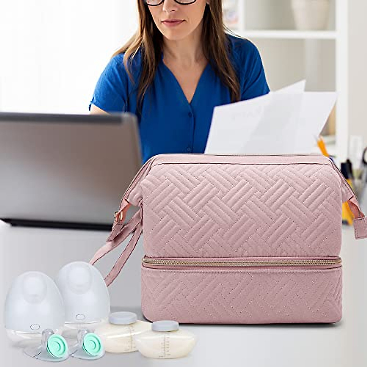 Fasrom Wearable Breast Pump Bag Compatible with Willow, Elvie Pumps and Medela Pump in Style, Double Layer Carrying Case with Waterproof Mat and Insulated Pockets, Pink (Patent Design)
