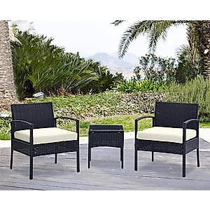 Manhattan Comfort Noli Steel Rattan 3-Piece Patio Conversation Set with Cushions, Cream