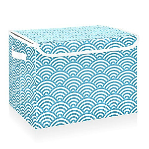CaTaKu Storage Bins with Lids Japanese Wave Fabric Large Storage Container Cube Basket with Handle Decorative Storage Boxes for Organizing Clothes Shelves