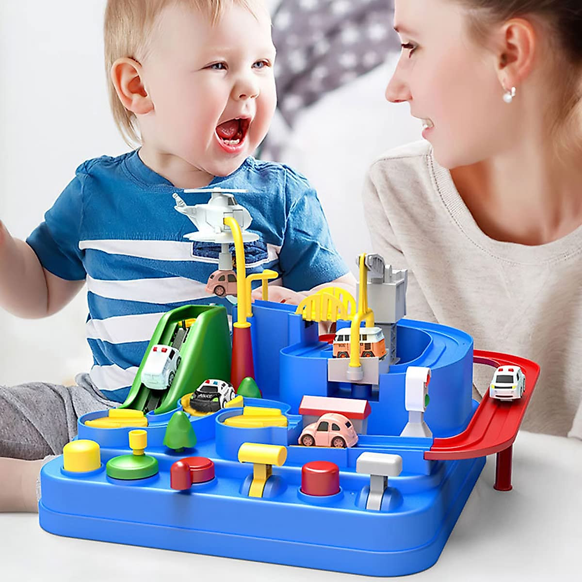 Car Rescue Adventure Toys for 3 4 5 6 7 8 Years Old,Race Car Tracks for Boys Girls,City Rescue Toy Set Montessori Toy Car Race Tracks Parking Playsets for Toddlers (Blue)