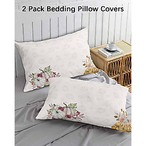 Edwiinsa Fall Pumpkin Pillow Covers King Standard Set of 2 Bed Pillow, Farmhouse Autumn Fallen Leaf Splicing Plush Soft Comfort for Hair/Skin Cooling Pillowcases with Envelop Closure 20''x36''