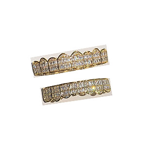 14k Iced Baguette Set 8 Teeth Joker Gold Grillz for Mouth Top Bottom Hip Hop Teeth Grills for Teeth Mouth Grillz for Mouth Top Bottom (Gold)
