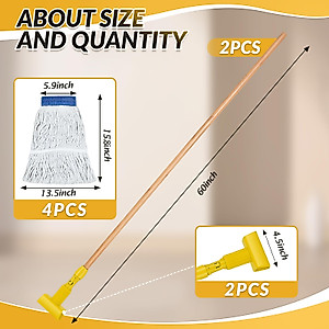 Suzile 6 Pcs Commercial Wooden Mop Industrial Cotton Mop Heads Replacement Wet Floor Cleaning Mop Include 2 Pcs 60" Long Mop Handle with Jaw Clamp 4 Pcs Interchangeable Mop Head for Home Office