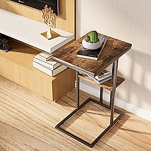 Easy Paws C Table End Table, Couch Side Table, C Shaped End Table for Sofa, Small Side Table Rustic Snack Table for Small Spaces, Living Room, Bedroom(Brown)…