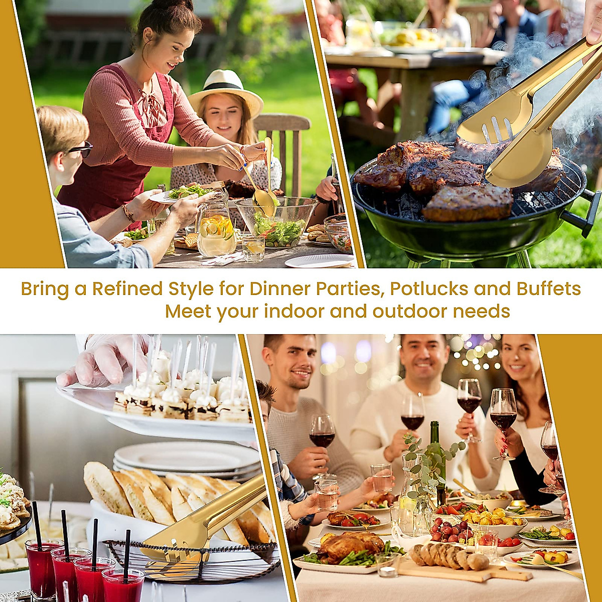 Patelai Stainless Steel Serving Utensils Large Serving Spoon Set 9.45 Inch Metal Tongs 9 Inch Serving Forks 8.7 Inch Slotted Spoons and Serving Spoon Kitchen Wedding Party(Gold, 8 Pieces)