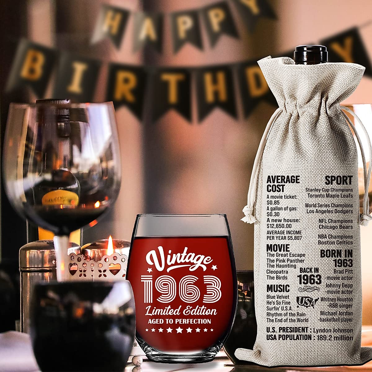 60th Birthday Gifts for Women Men -60 Year Old Birthday Decoration Gift - 60th Anniversary Party Supplies -15 Oz 1 Stemless Wine Glass And 1 Wine Bag