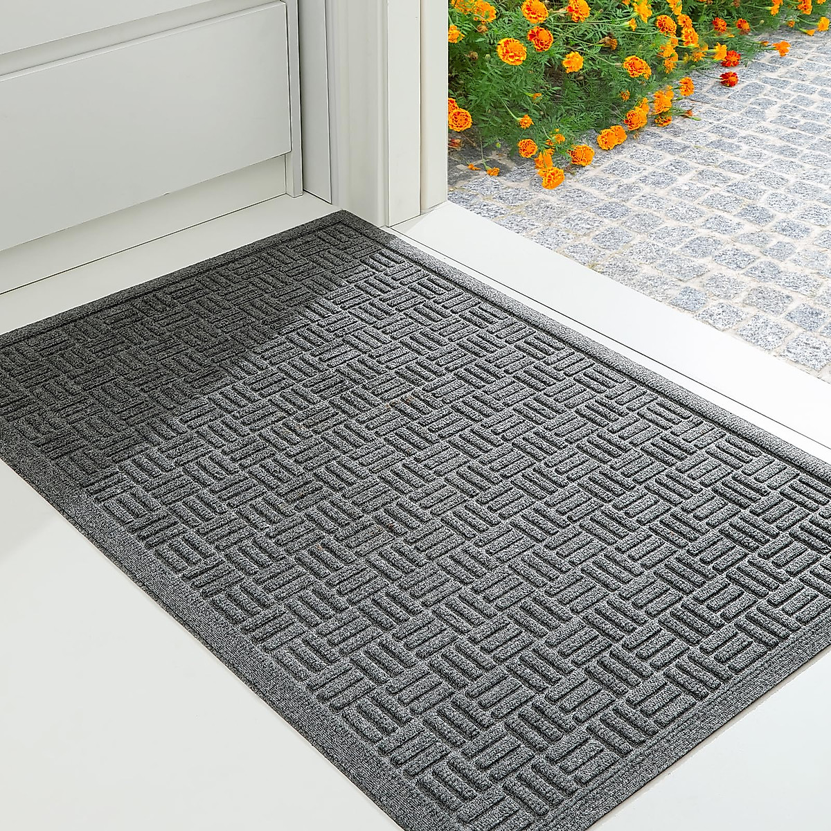 Mibao Front Door Mat Indoor Outdoor Entrance, Dirt Trapping Outdoor Welcome Mats, Non-Slip Outdoor Door Mats, Low Profile Front Door Mat, Entryway Mat, 36" x 24", Grey