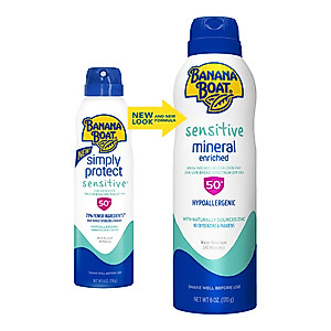 Banana Boat Mineral Enriched Sunscreen, Sensitive Skin, Broad Spectrum Spray, SPF 50, 6oz. - Twin Pack