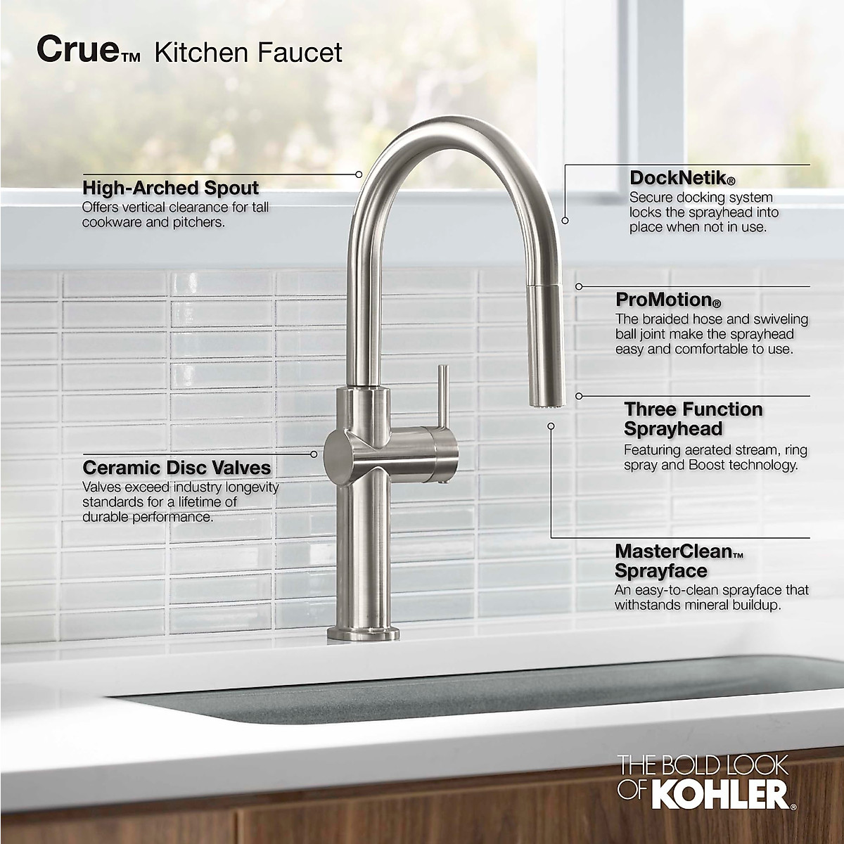 KOHLER 22972-BL Crue Pull Down Kitchen Faucet, Kitchen Sink Faucet with Pull-Down Sprayer, Pull-Down Kitchen Sink Faucet with Multi Function Spray Head, Matte Black