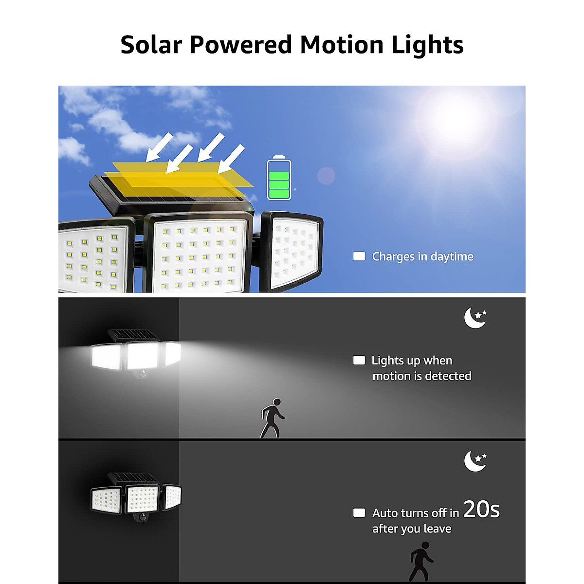 LE Solar Lights for Outside, Motion Sensor Outdoor Lights, WL4000 High Brightness, 3 Adjustable Heads 270° Wide Lighting Angle, IP65 Waterproof, Wireless Wall Lamp for Porch Yard Garage, 2 Packs